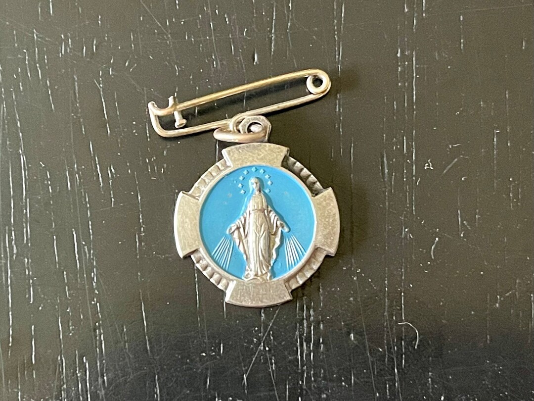 Vintage Enamel French 1830 Virgin Mary Medal, Silver Metal Virgin Mary ...