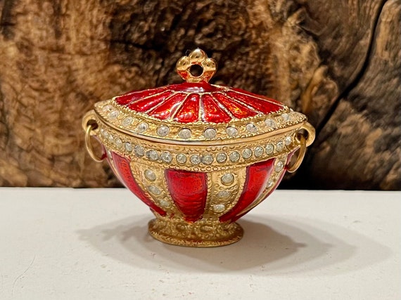 Vintage Oval Trinket Box, Gold Metal Base with Rhines… - Gem