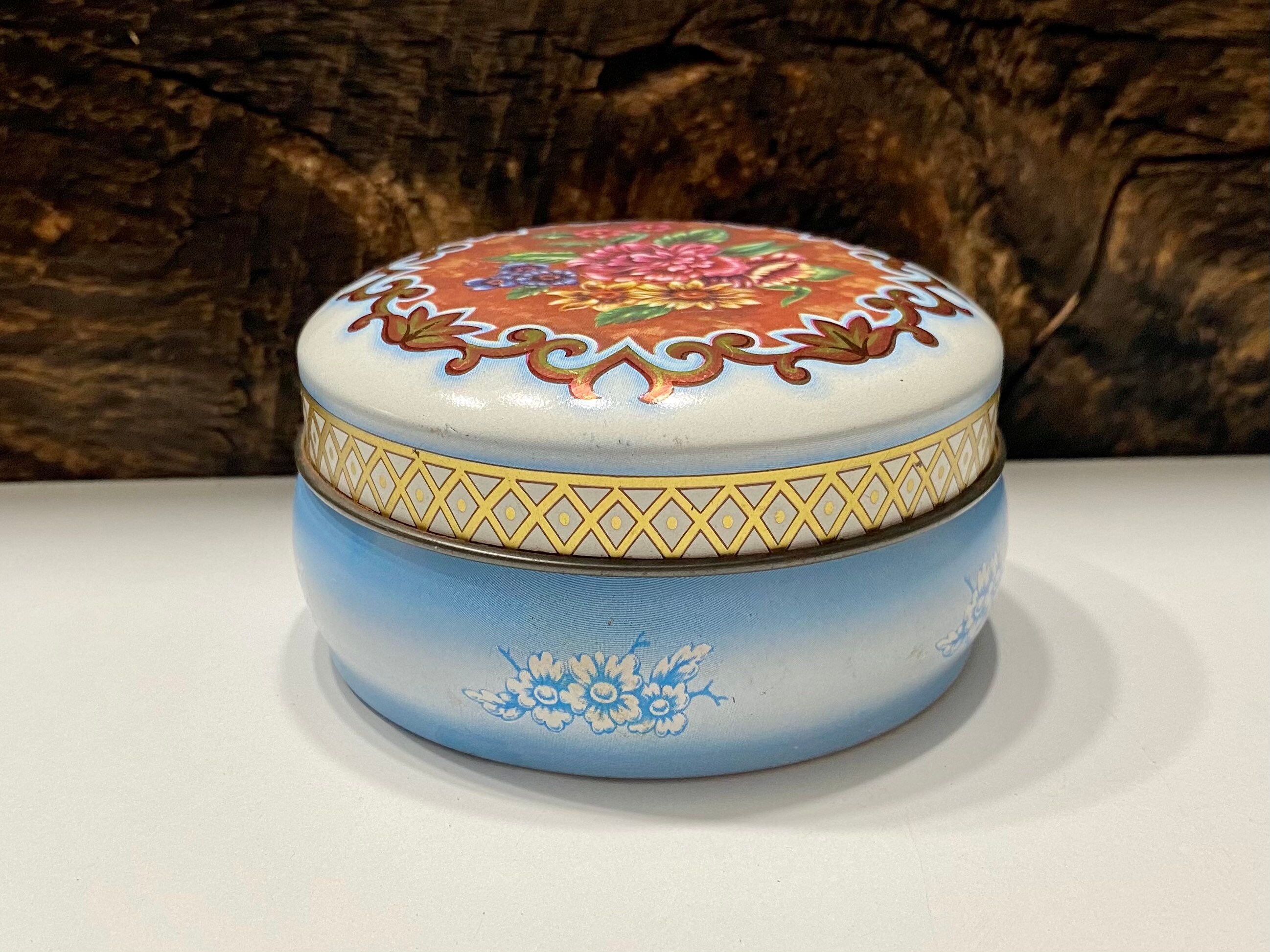 Vintage Daher Tin Blue Floral Tin Bin with Brown and Gold | Etsy