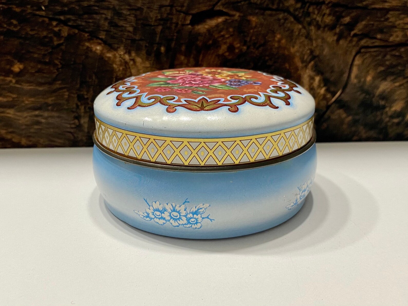 Vintage Daher Tin Blue Floral Tin Bin With Brown and Gold - Etsy