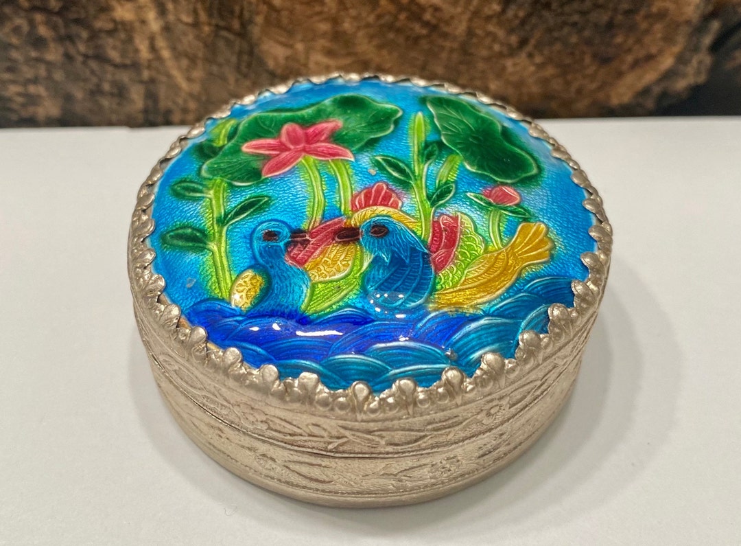 Vintage Enamel Trinket Box: Birds & Plants, Silver Metal Base - Etsy