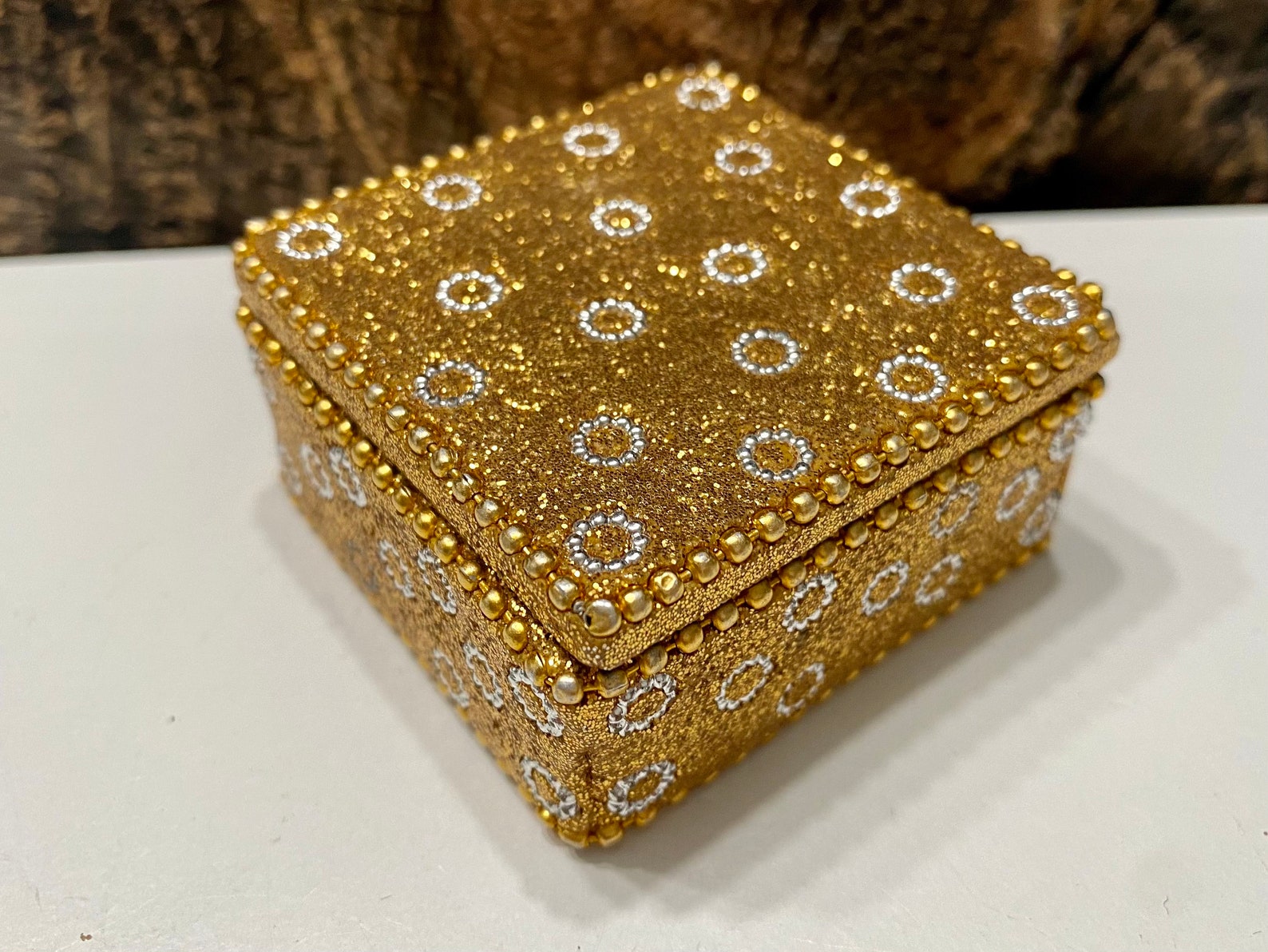 Vintage Square Trinket Box Wood Trinket Box Gold and White - Etsy