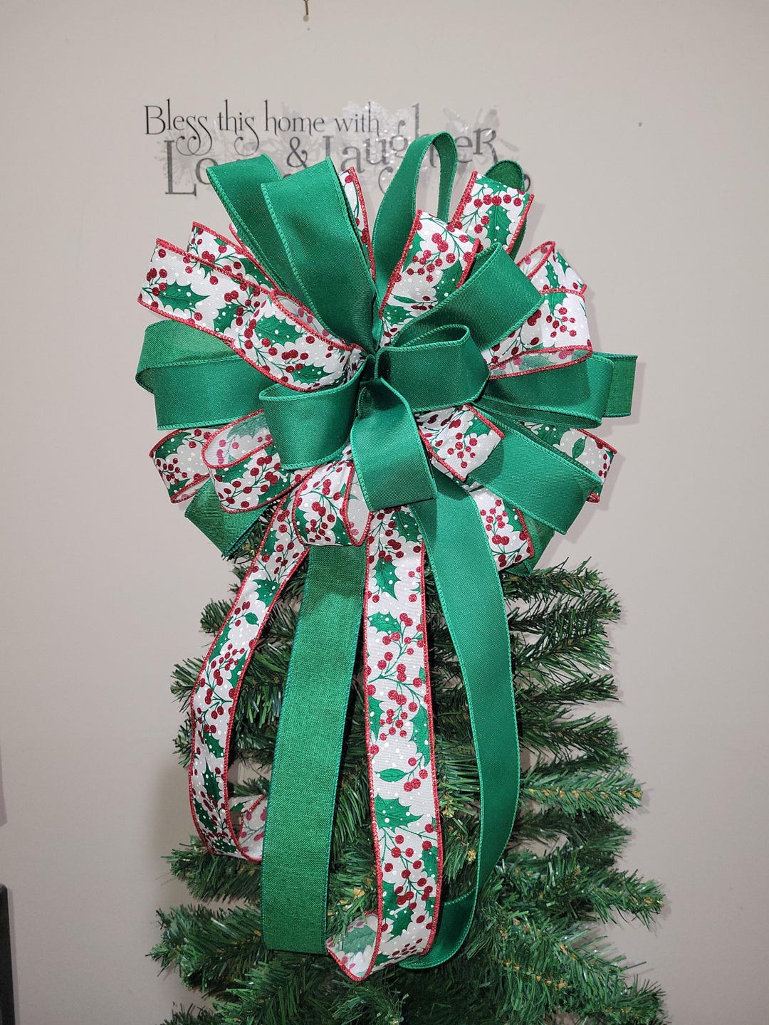 Red Green and White Tree Topper, Holly Berry Christmas Tree Topper ...