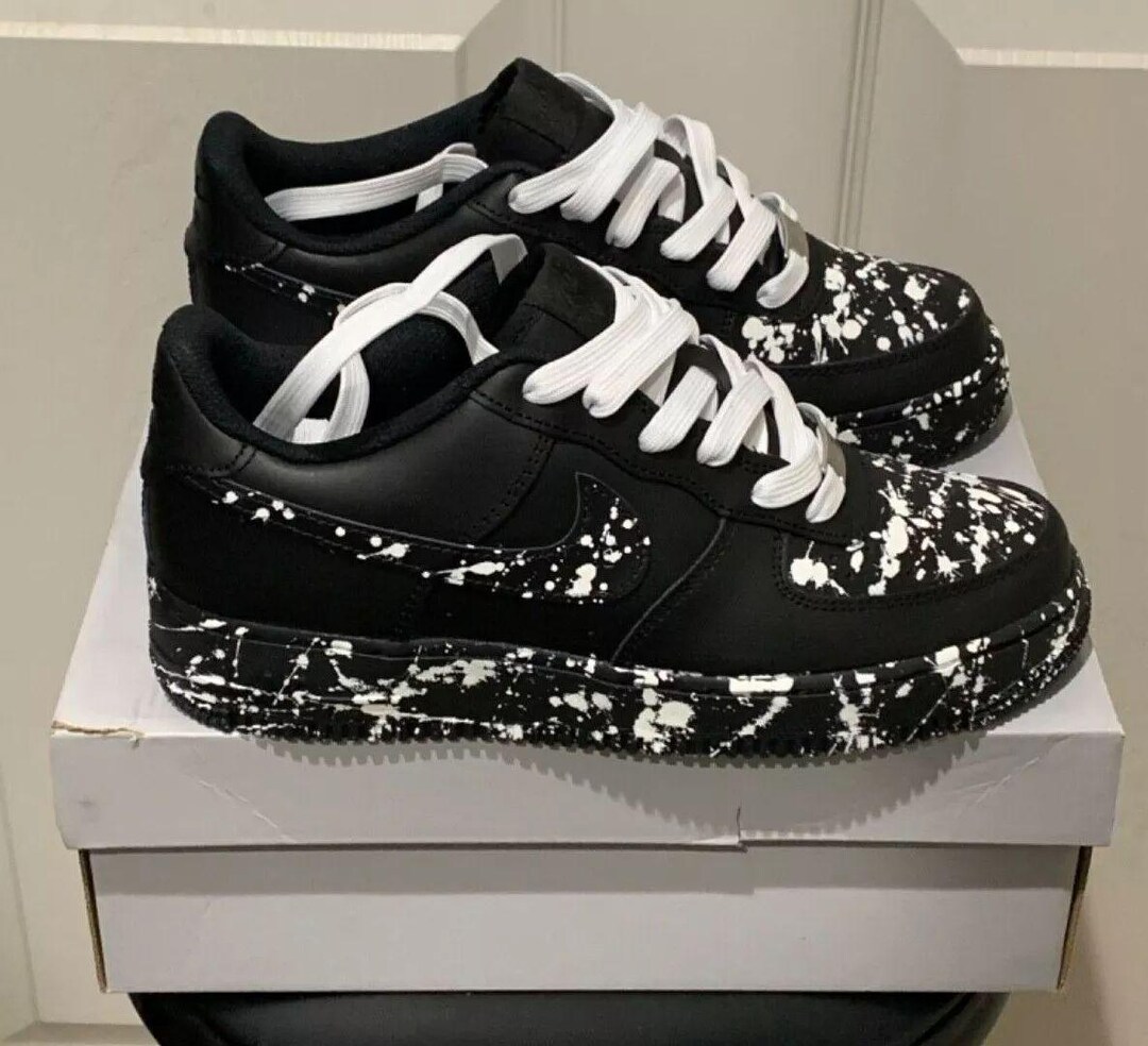 Air Force 1 Custom Black Shoes Retro "black & White Shoelaces Splatter ...