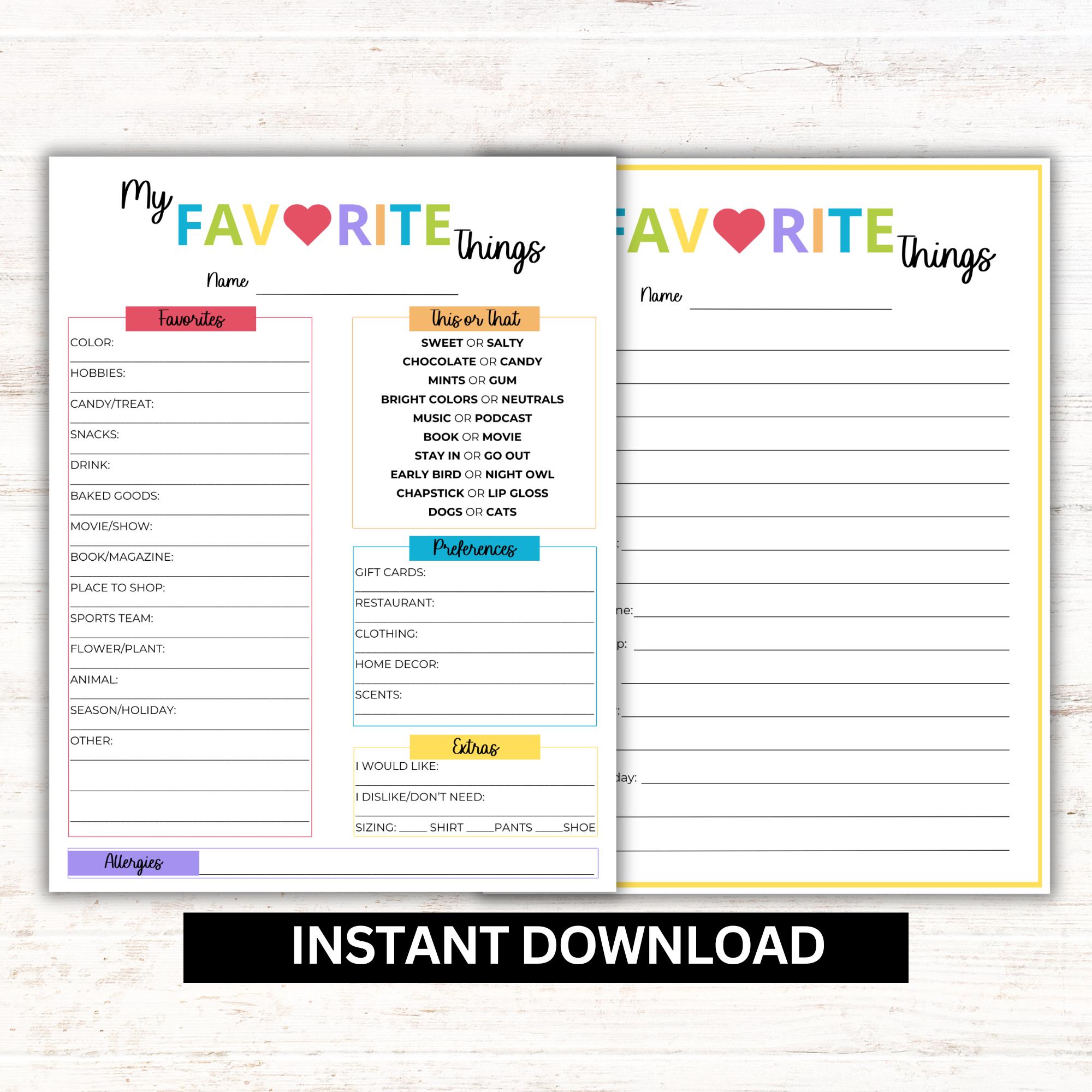 My Favorite Things Printable Questionnaire: Teacher & Team Building ...