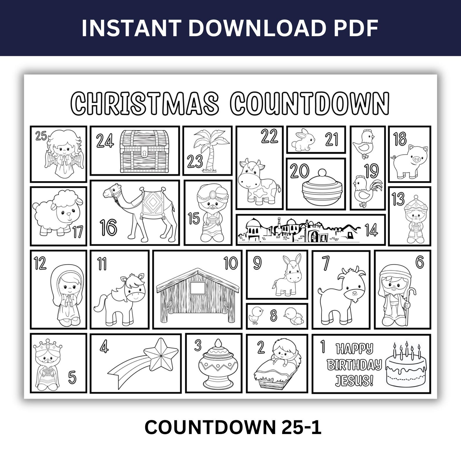 Nativity Christmas Countdown Coloring Advent Calendar | Printable PDF ...