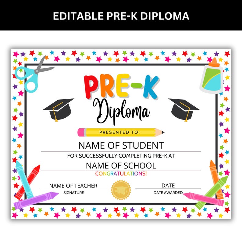 Editable Pre-k Graduation Diploma | Pre K Graduation Certificate ...
