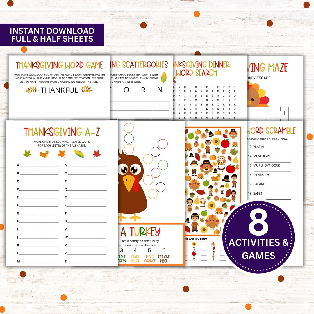 Printable Thanksgiving Game and Activity Bundle Instant Download 8 Fun ...