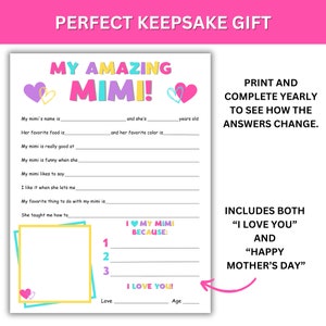 Mother's Day Gift, My Amazing Mimi Printable, Birthday Gift ...