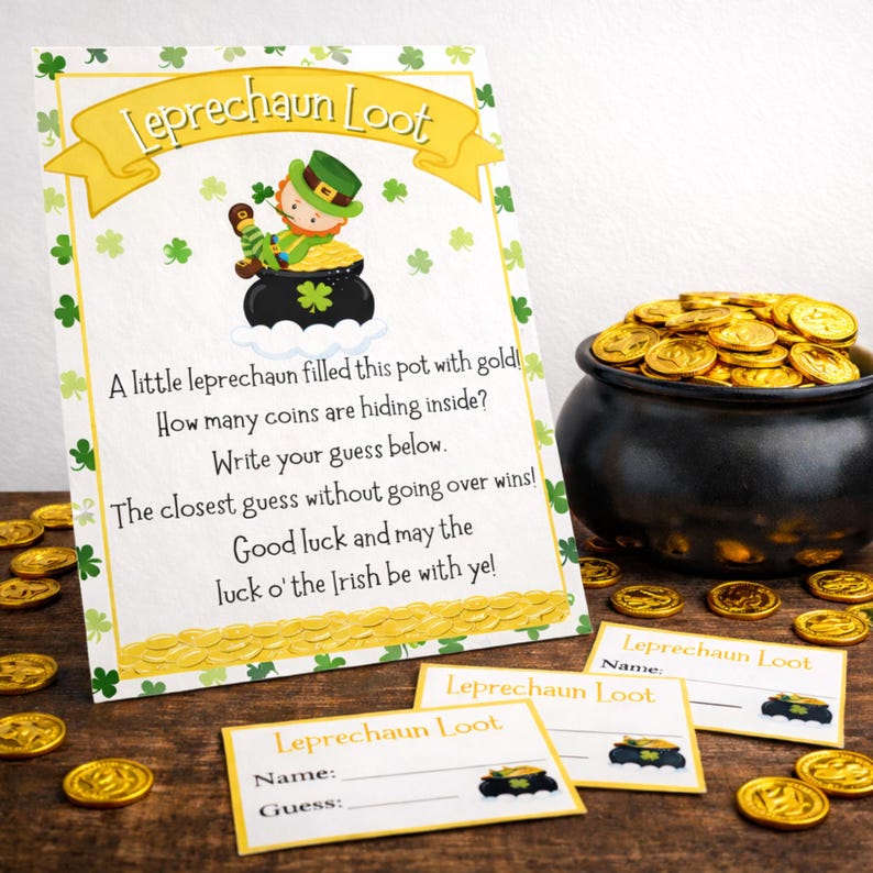St. Patrick's Day Guessing Game Printable, Leprechaun Pot of Gold Coin ...