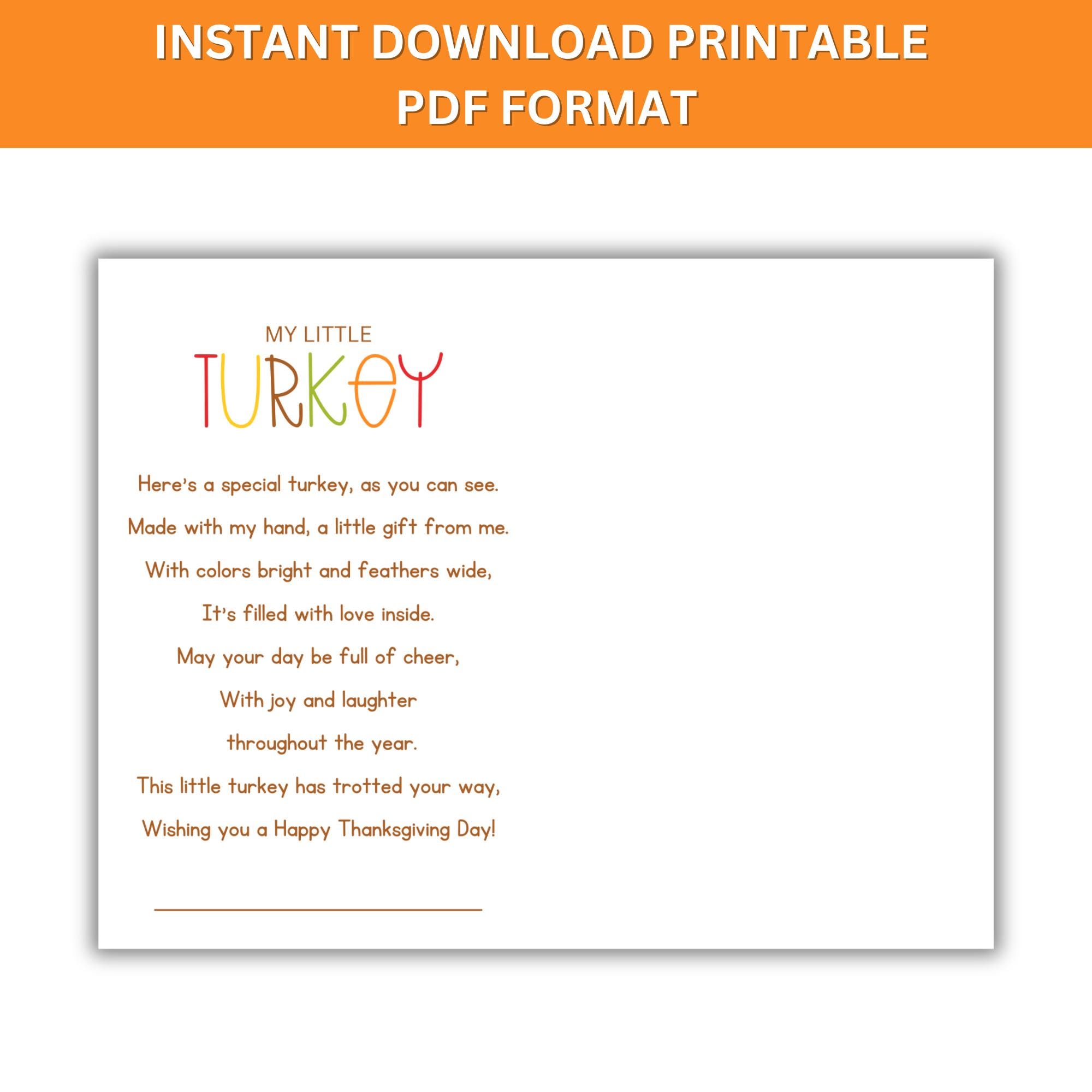 Turkey Poem Handprint Art: Thanksgiving Keepsake Craft (instant ...
