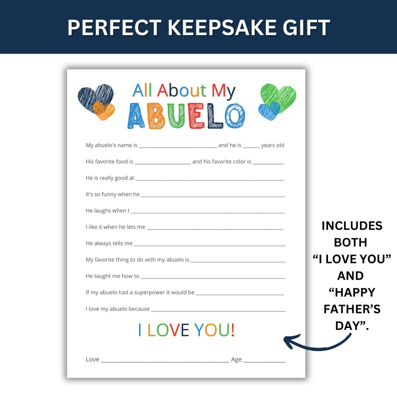 All About My Abuelo Printable Gift: Abuelo Birthday, Father's Day (PDF ...