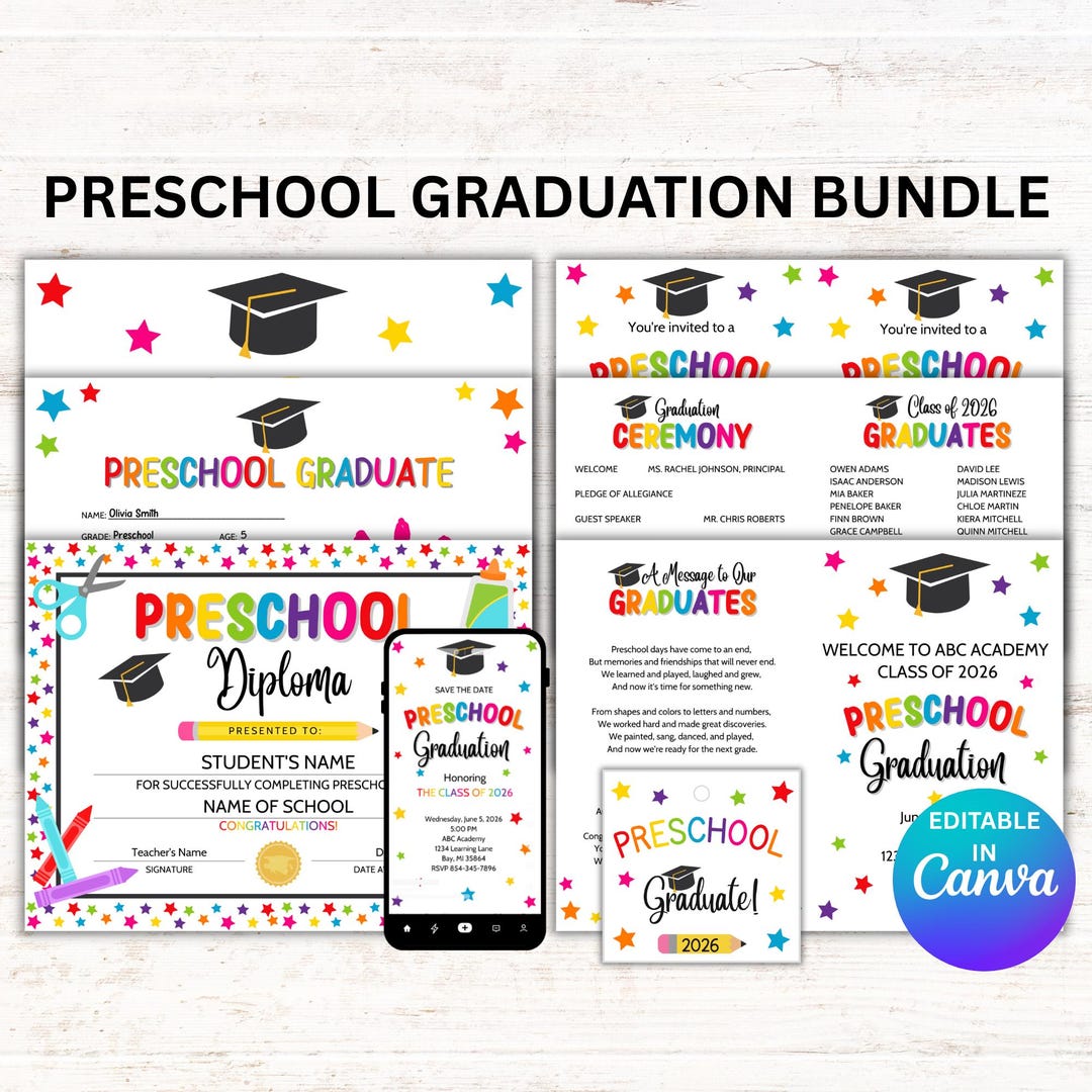 Editable Preschool Graduation Bundle, Invitation, Program, Diploma ...