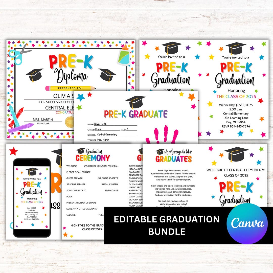 Editable Pre-k Graduation Bundle: Invitation, Diploma, Program (canva ...