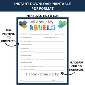 All About My Abuelo Printable Gift: Abuelo Birthday, Father's Day (PDF ...