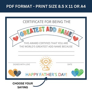 Personalized Father's Day Certificate - Printable PDF - Etsy