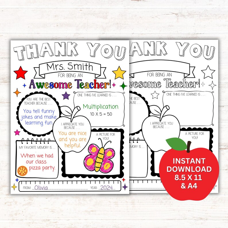 Teacher Appreciation Printable: Kid Fill-in Thank You Gift (PDF) - Etsy