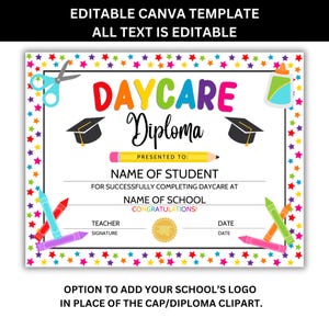 Daycare Graduation Diploma, Editable Daycare Certificate, Instant ...