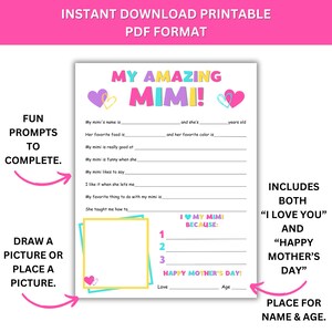 Mother's Day Gift, My Amazing Mimi Printable, Birthday Gift ...