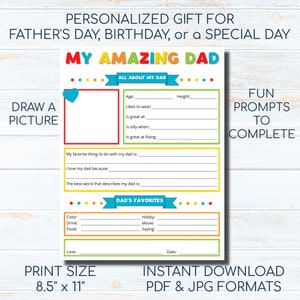 All About My Dad, Father's Day Printable, Father's Day Gift, Instant ...