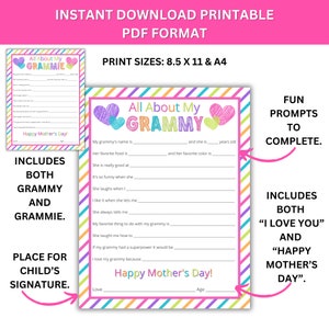 Printable Mother's Day Gift, All About My Grammy/grammie Printable ...