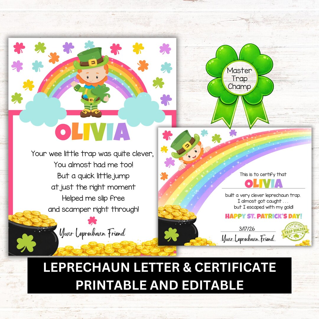 St. Patrick’s Day Leprechaun Letter & Certificate, Editable Printable ...