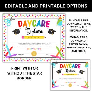 Daycare Graduation Diploma, Editable Daycare Certificate, Instant ...