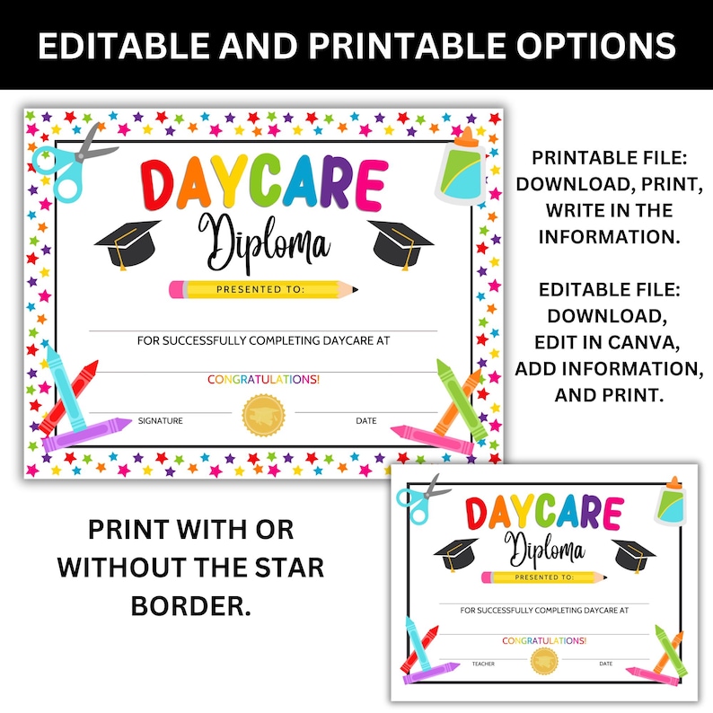 Daycare Graduation Diploma, Editable Daycare Certificate, Instant ...