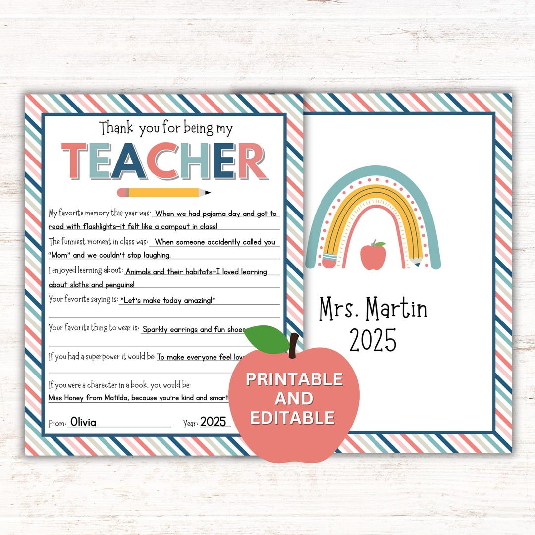 Thank You Teacher Printable, All About My Teacher Gift (PDF) - Etsy