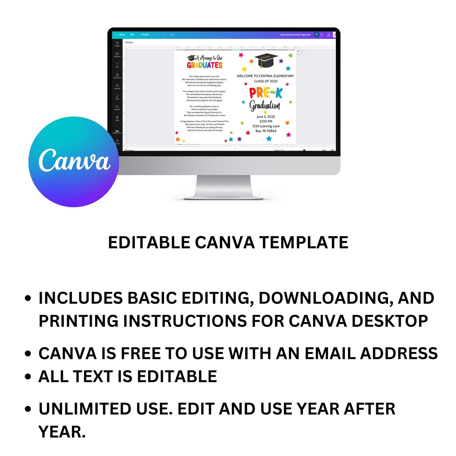 Editable Pre-k Graduation Program, Canva Template, Instant Download, 8 ...