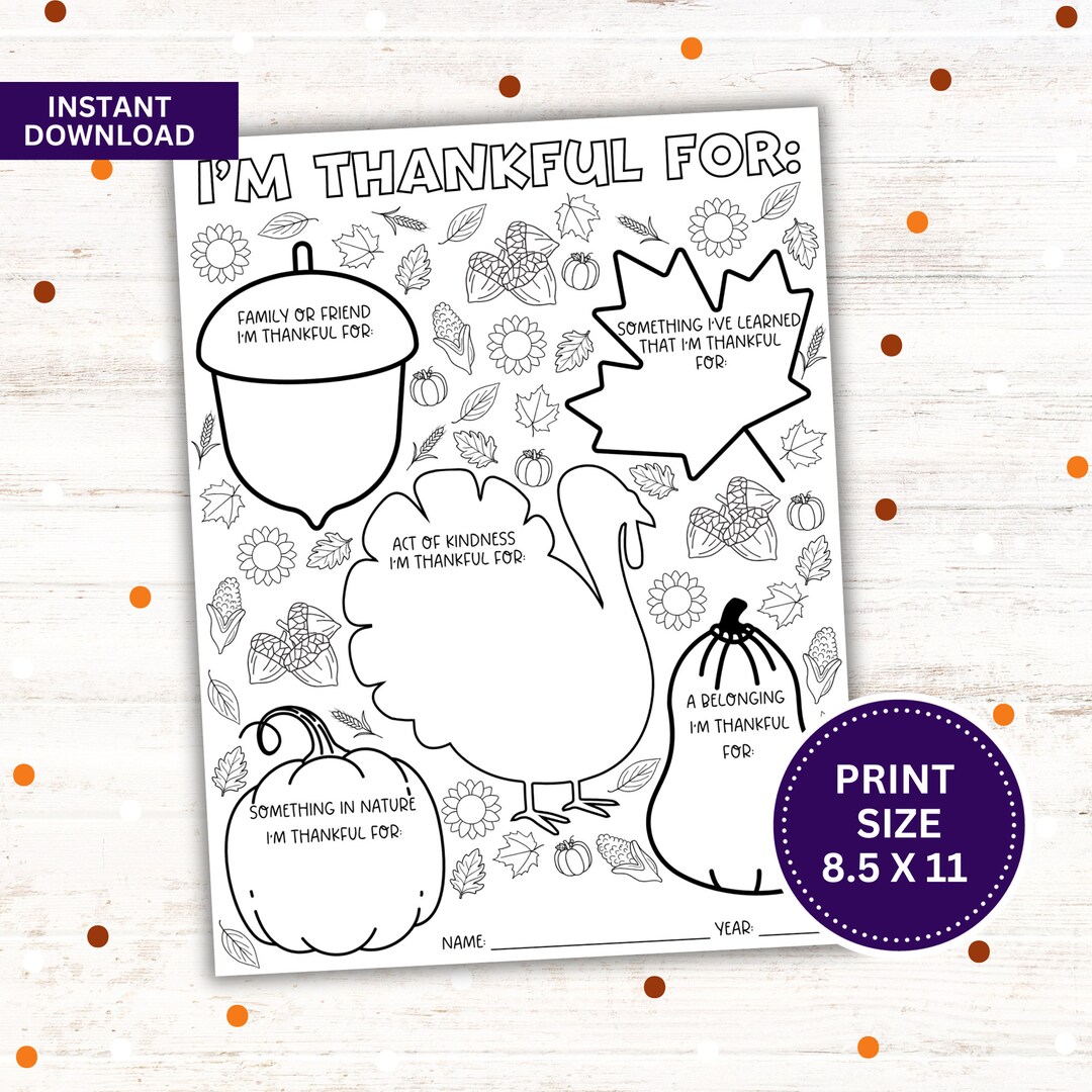 Thanksgiving i'm Thankful For Coloring Prompt Sheet Printable Gratitude ...