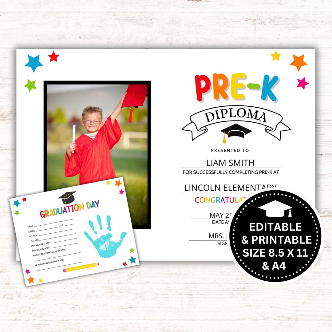 Pre-k Picture Diploma & Keepsake - Editable Canva, PDF, Diploma ...