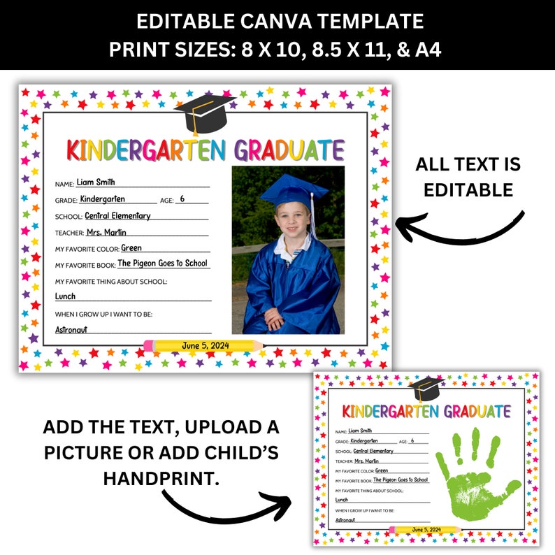 Kindergarten Graduation Keepsake: Handprint Art, Printable & Editable ...