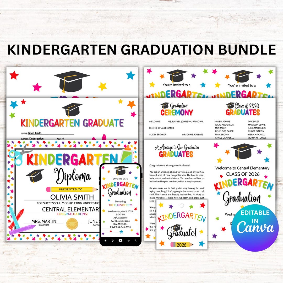 Kindergarten Graduation Bundle Editable Canva Template, Diploma ...