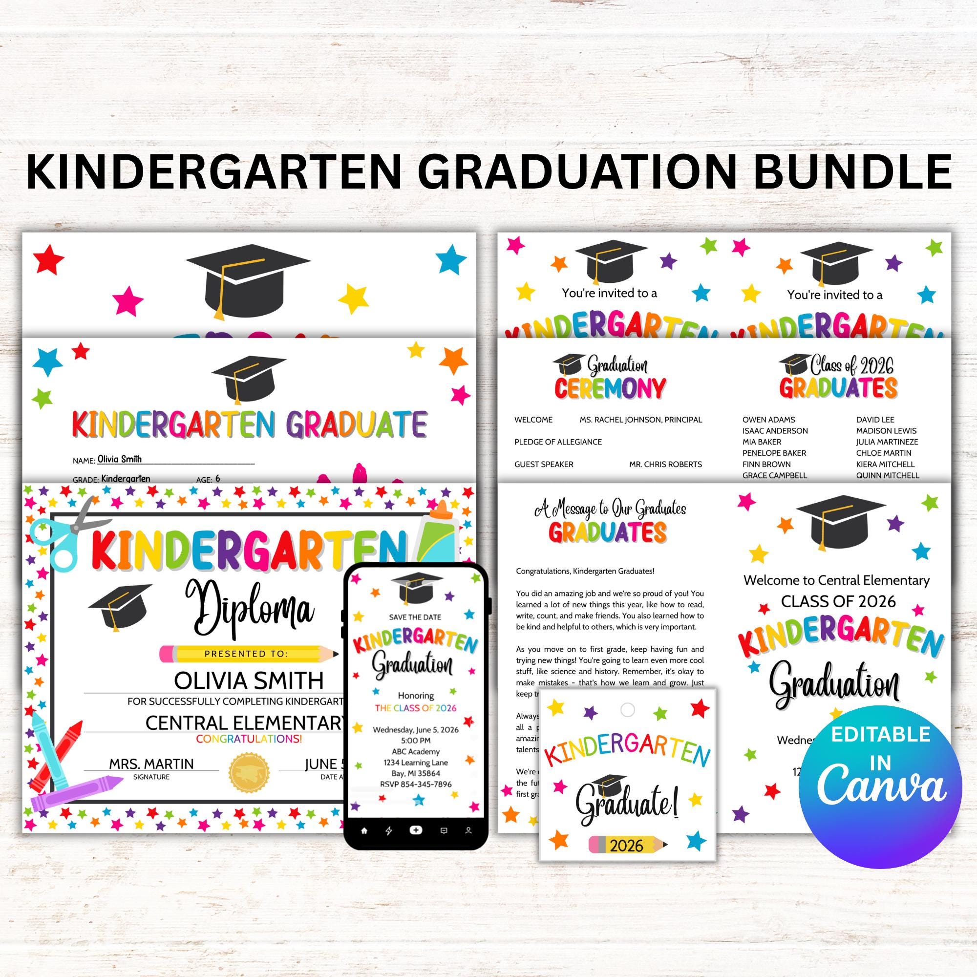 Kindergarten Graduation Bundle Editable Canva Template, Diploma ...