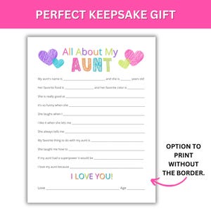 All About My Aunt Printable: Niece/nephew Gift (PDF & JPG) - Etsy