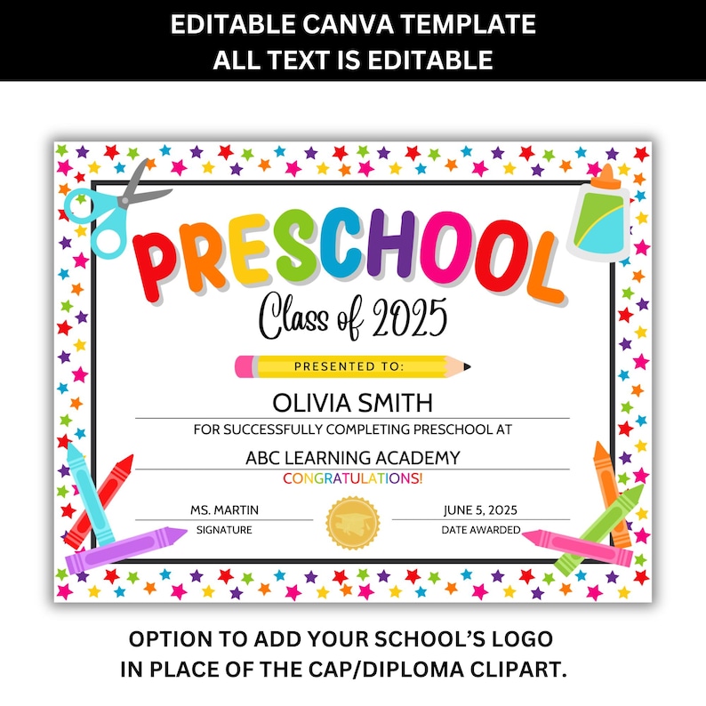 Editable Preschool Graduation Certificate: Class of 2025 (printable PDF ...
