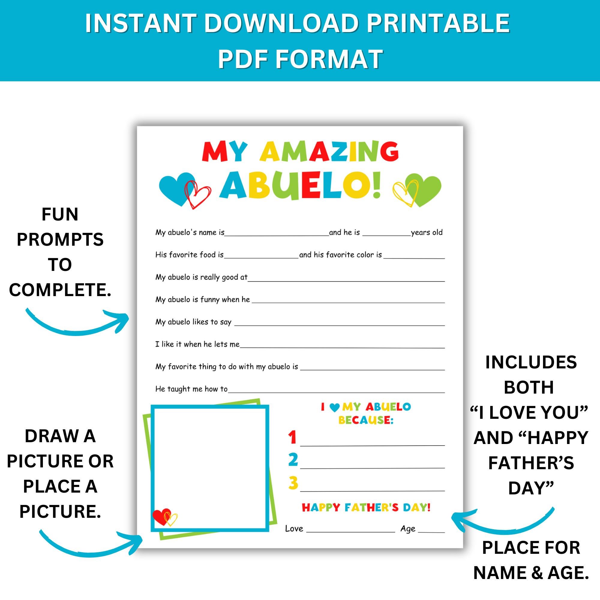 My Abuelo Printable, Father's Day Keepsake, Spanish Version (PDF) - Etsy