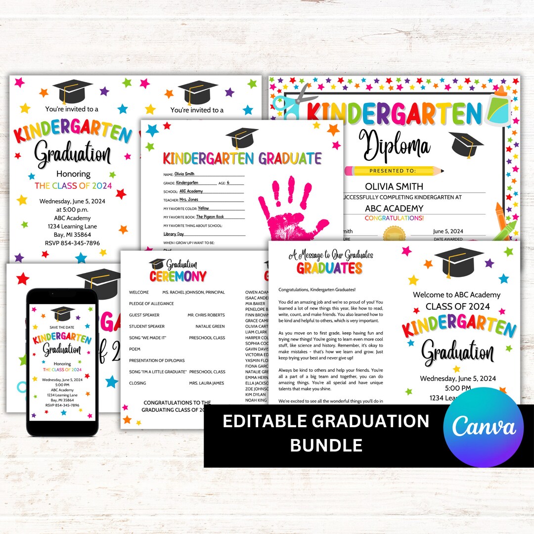 Kindergarten Graduation Bundle - Editable Canva Files - Program ...