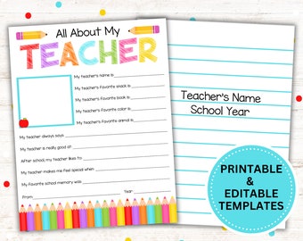 All About My Teacher Printable, Teacher Appreciation Week Activity ...