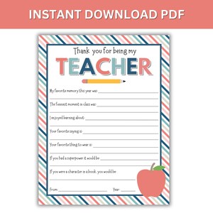 Thank You Teacher Printable, All About My Teacher Gift (PDF) - Etsy
