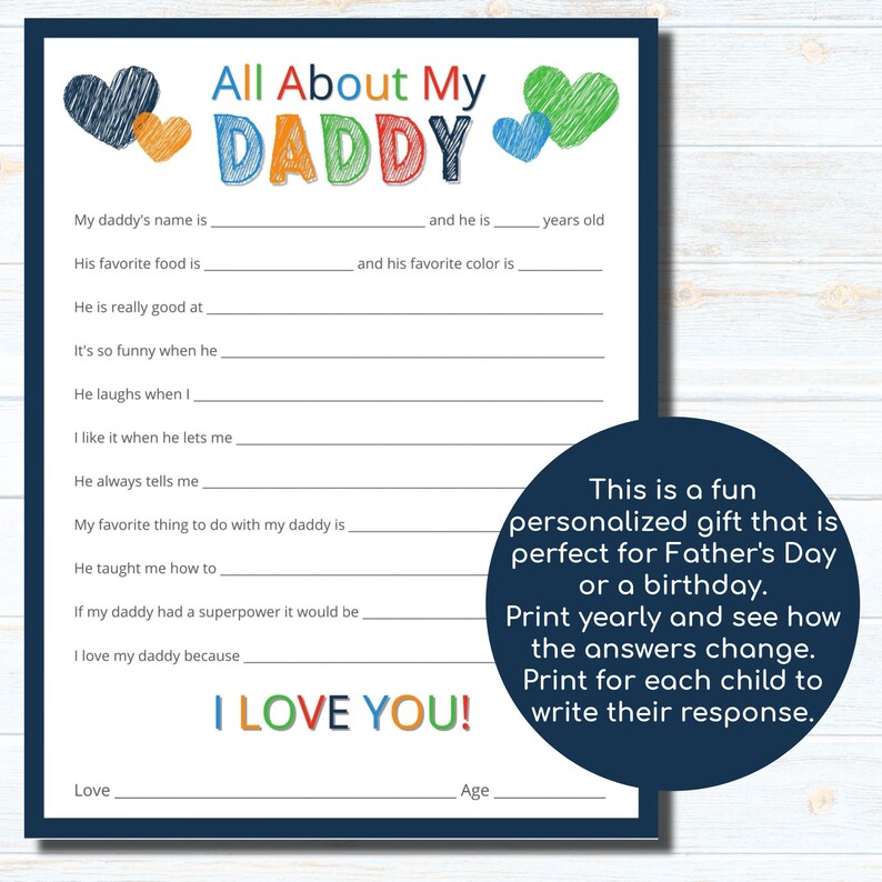 All About My Daddy Printable Father's Day Gift From Kids - Etsy