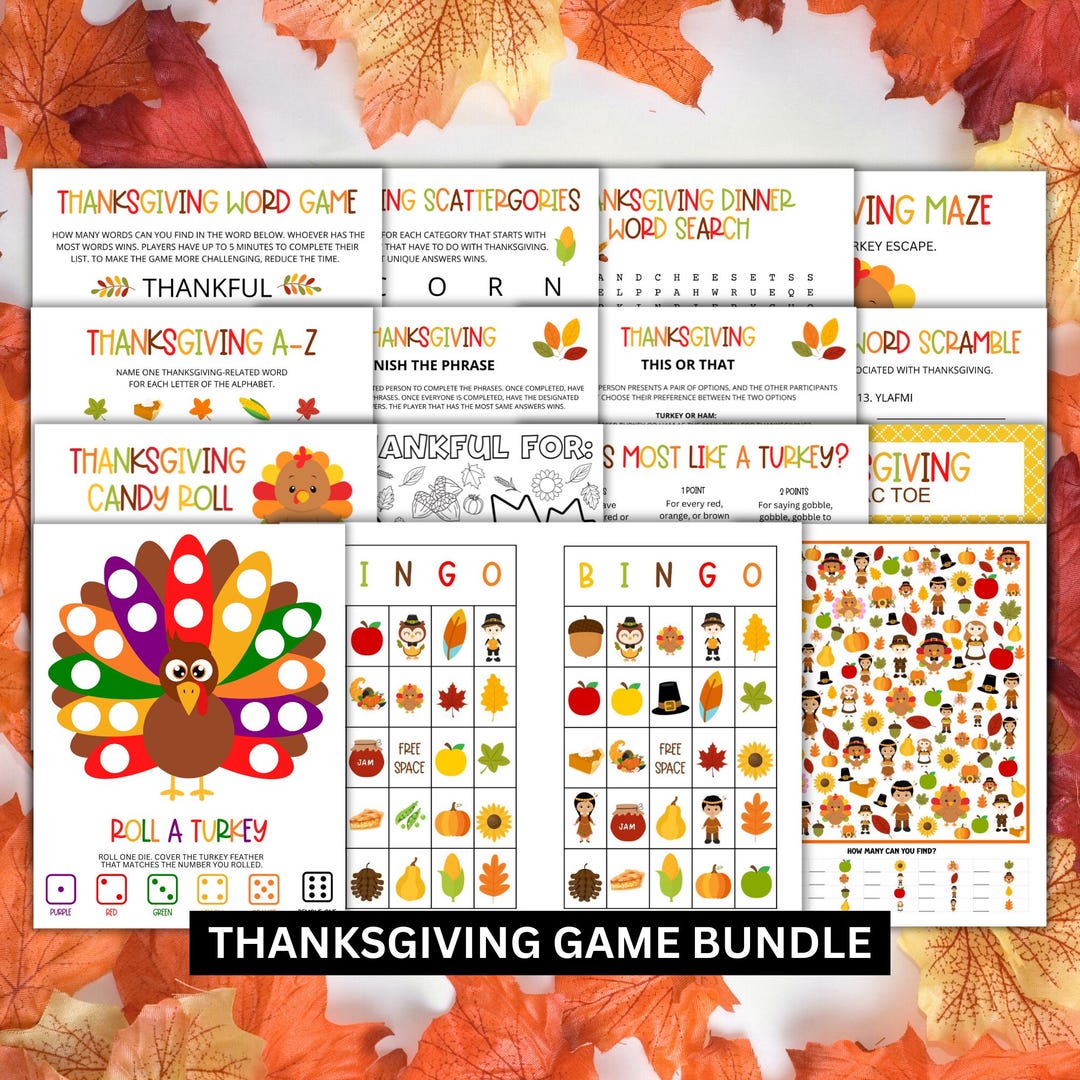 Thanksgiving Game Bundle - 15 Printable Party Games for Families, Kids ...