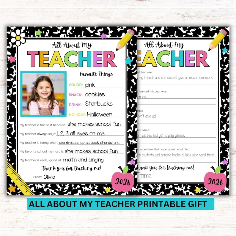 All About My Teacher Printable | Appreciation Worksheet | End of Year ...