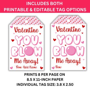 Valentine Gift Tag Printable, valentine You Blow Me Away Kids Classroom ...