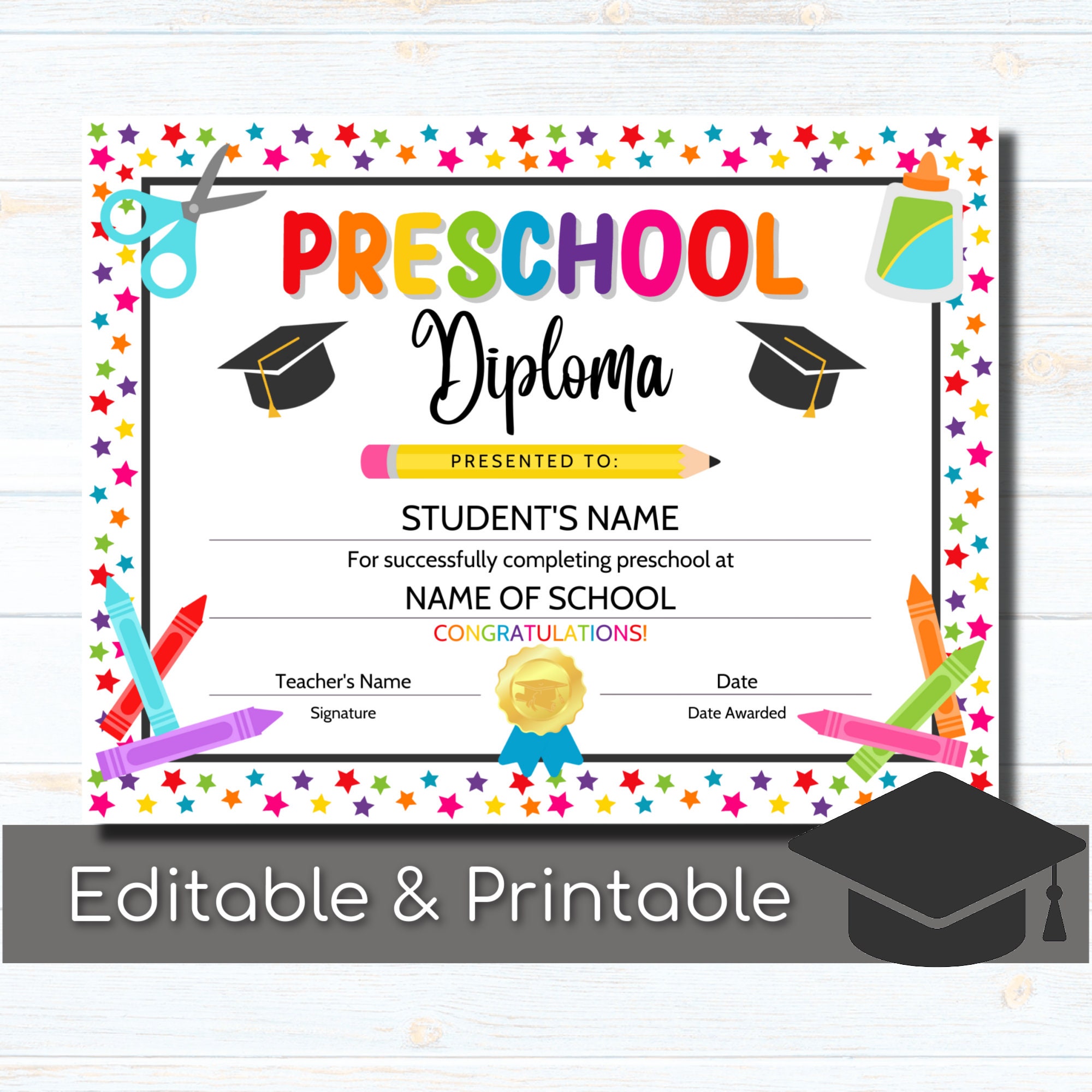 Preschool Graduation Diploma With Photo Editable Template 40 OFF