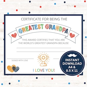Printable Greatest Grandpa Certificate - Instant Download PDF - Father ...