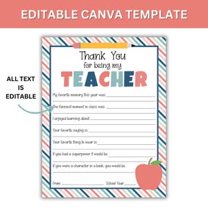 Thank You Teacher Printable, All About My Teacher Gift (PDF) - Etsy