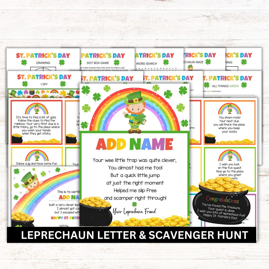 St. Patrick's Day Leprechaun Letter & Scavenger Hunt Bundle (digital ...