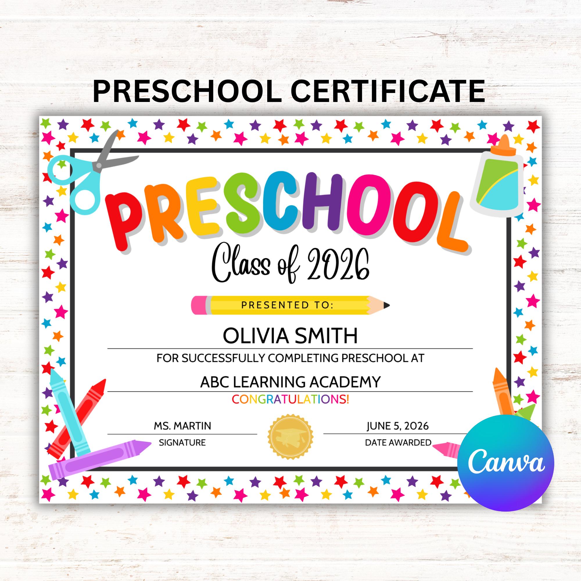 Editable Preschool Graduation Certificate Class of 2026, Canva Template ...
